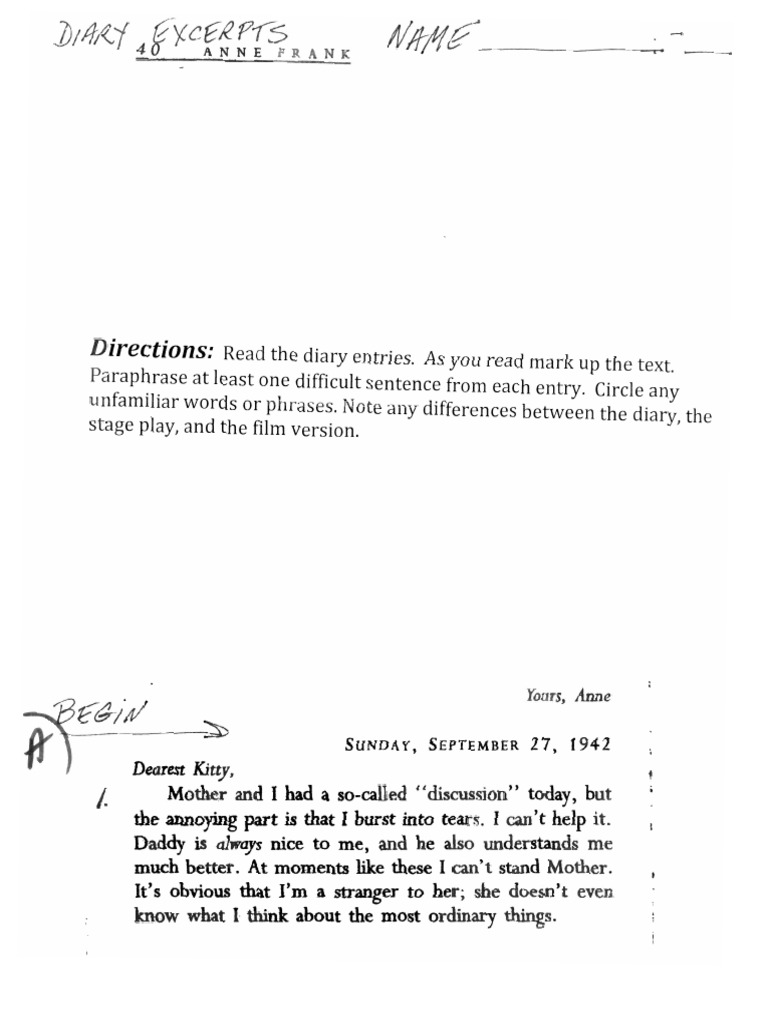 Anne Frank Diary Excerpts 1 | PDF