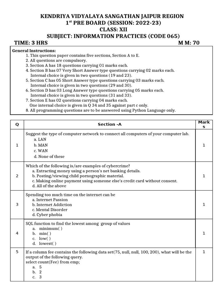 XII IP QP 1ST PREBOARD 2022-23 | PDF