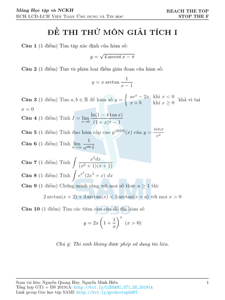 Giai Tich 1 - de Thi Thu Mon Giai Tich | PDF