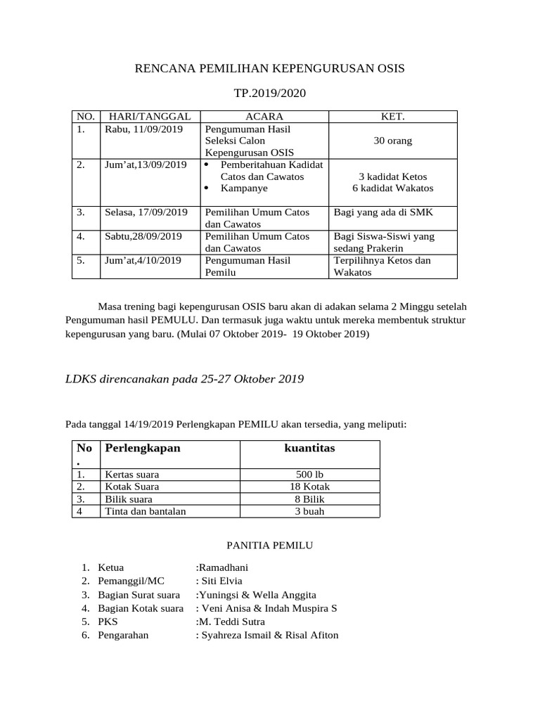 Rencana Pemilihan Kepengurusan Osis | PDF