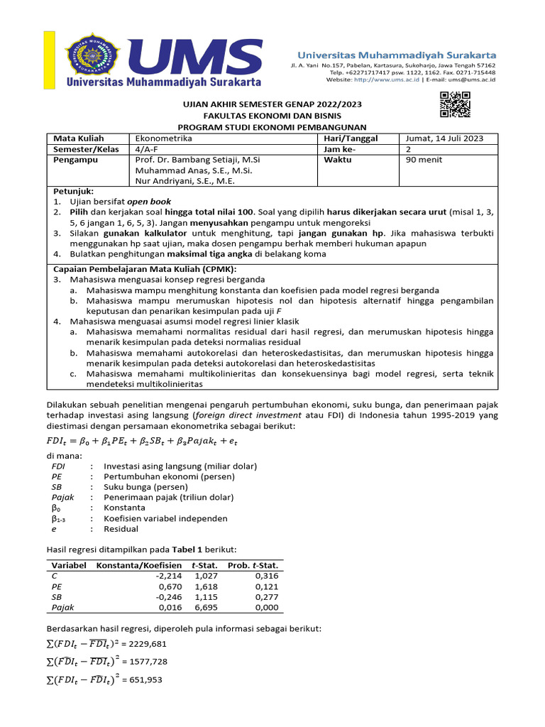 Soal UAS Ekonometrika - 14 Juli 2023-1 | PDF