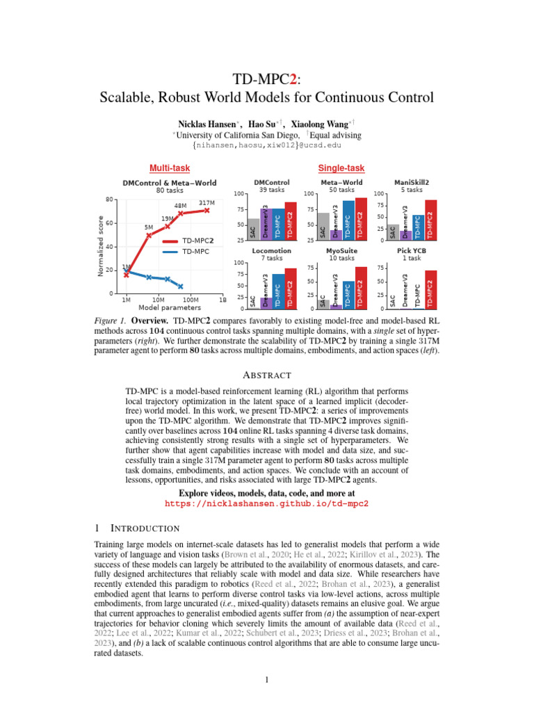 TD-MPC2 - Scalable, Robust World Models For Continuous Control | PDF