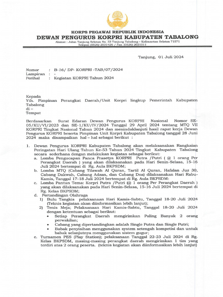 Kegiatan HUT KORPRI 2024 | PDF