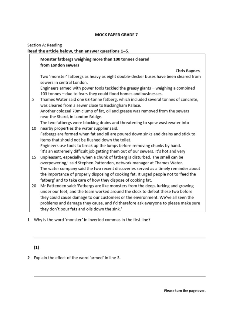 English Sample Paper Grade 7 | PDF