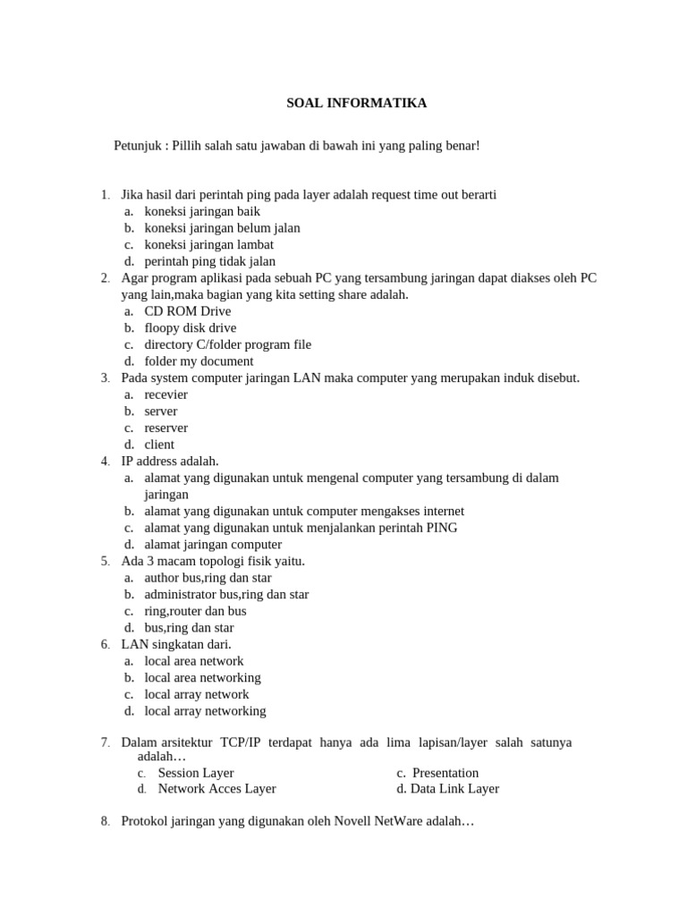 SOAL INFORMATIKA (Jaringan Komputer) | PDF