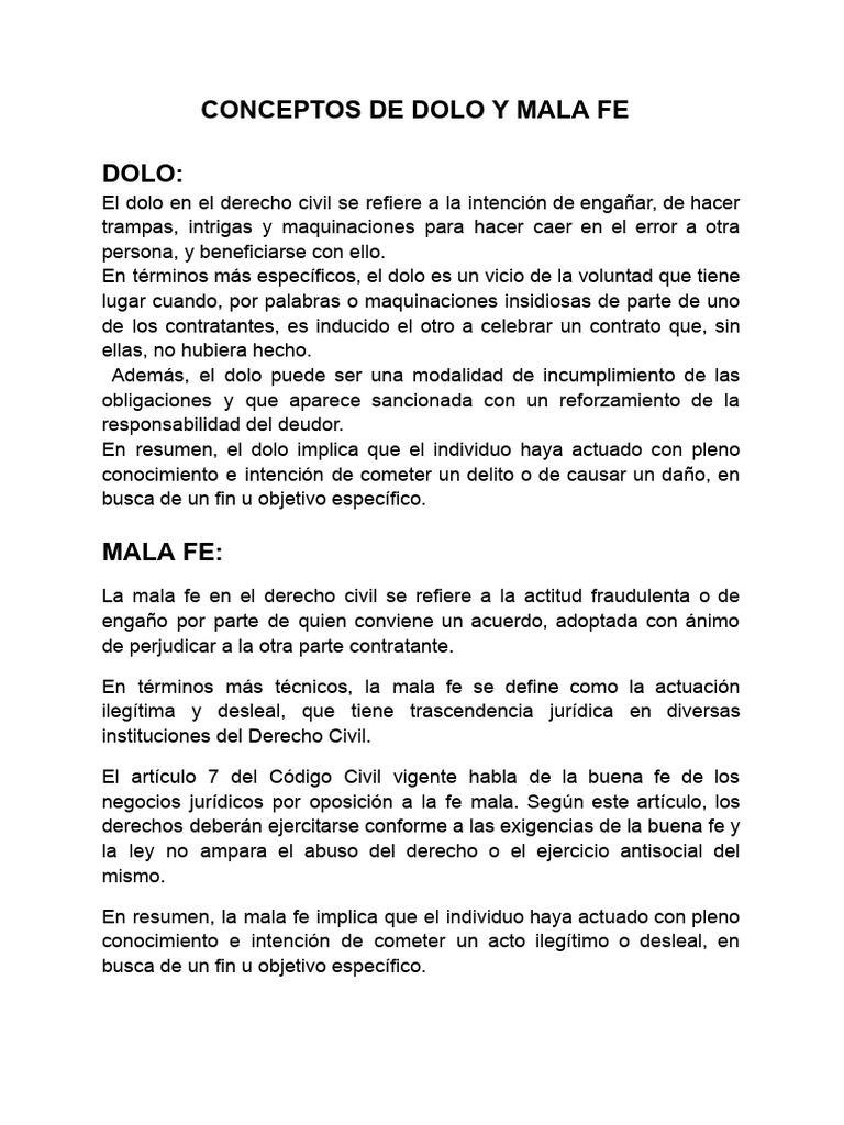 Conceptos de Dolo y Mala Fe | PDF