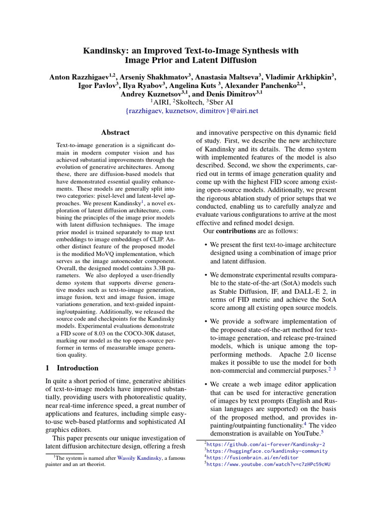 Kandinsky - An Improved Text-to-Image Synthesis With Image Prior and Latent Diffusion | PDF ...