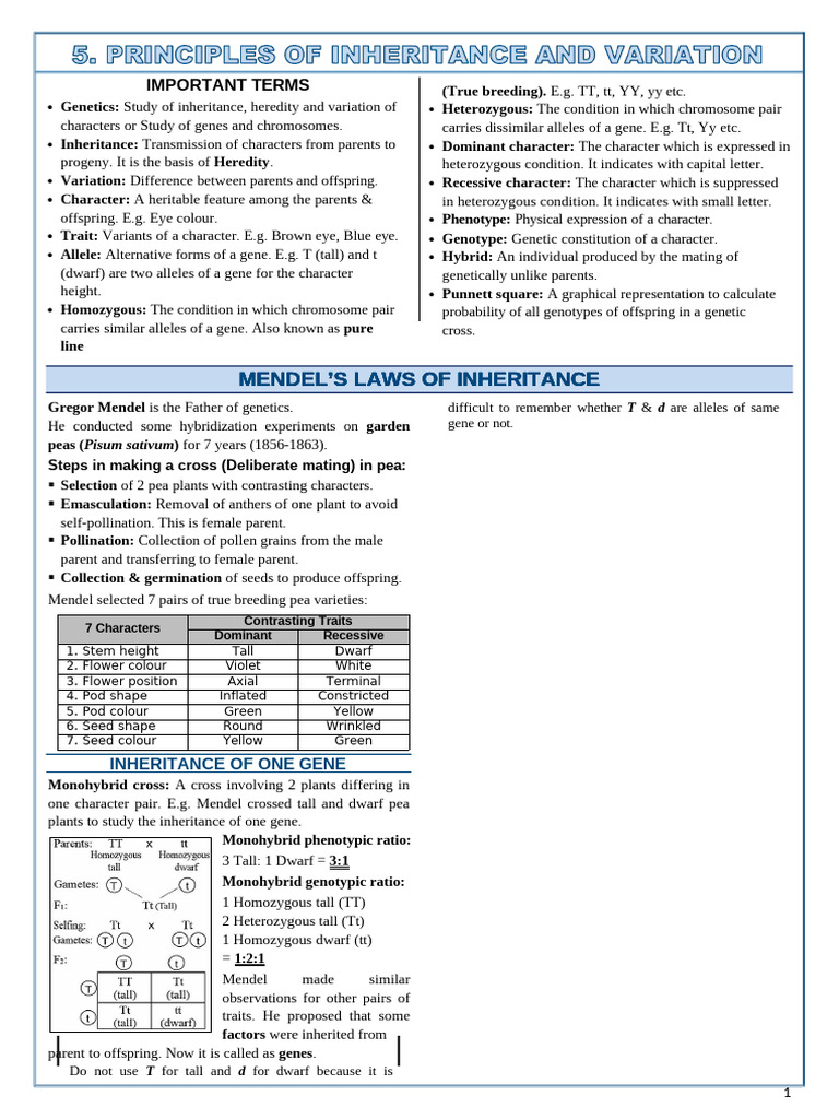 Principles of Inheritance and Variation-notes (1) | PDF