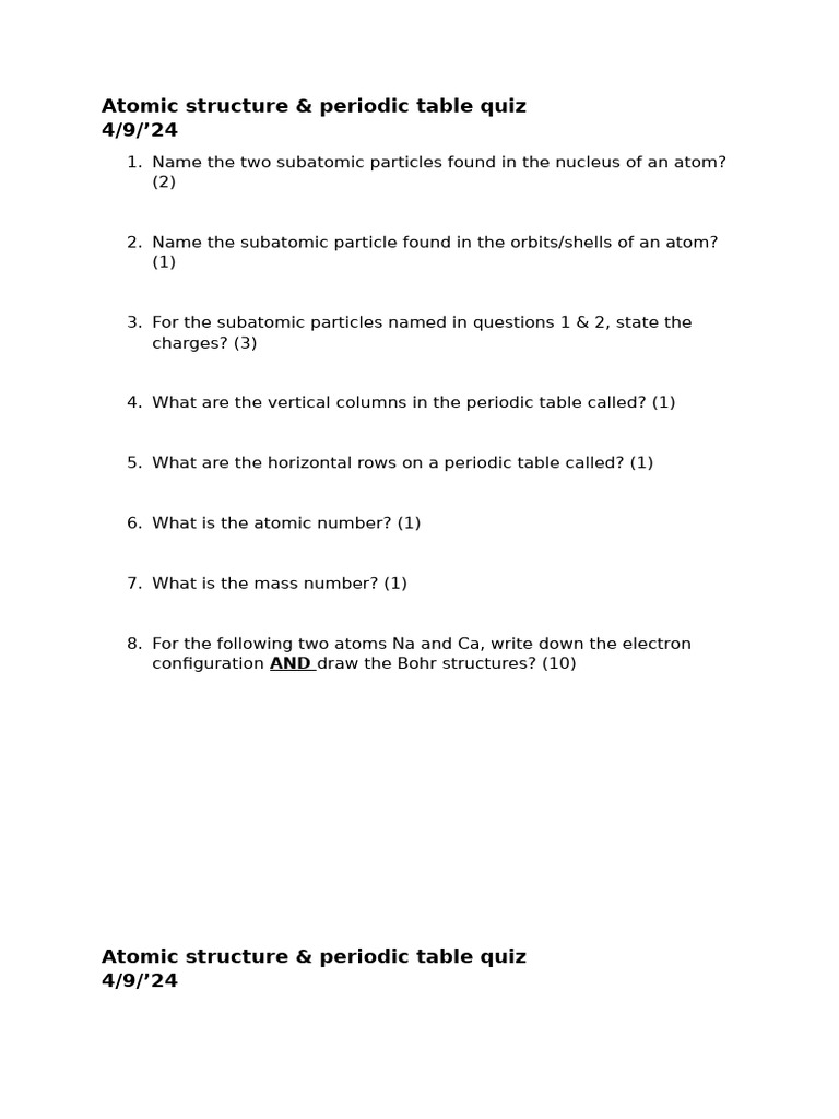 Atomic Structure And Periodic Table Quiz Pdf