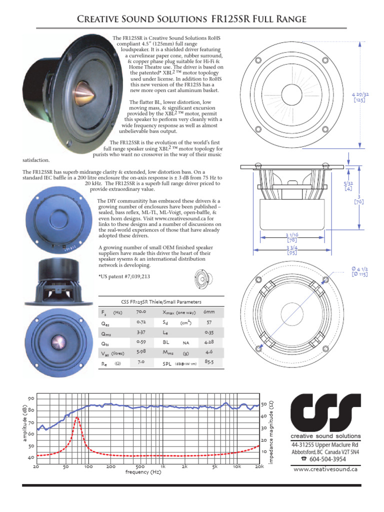 CSS FR125SR Speaker Datasheet | PDF