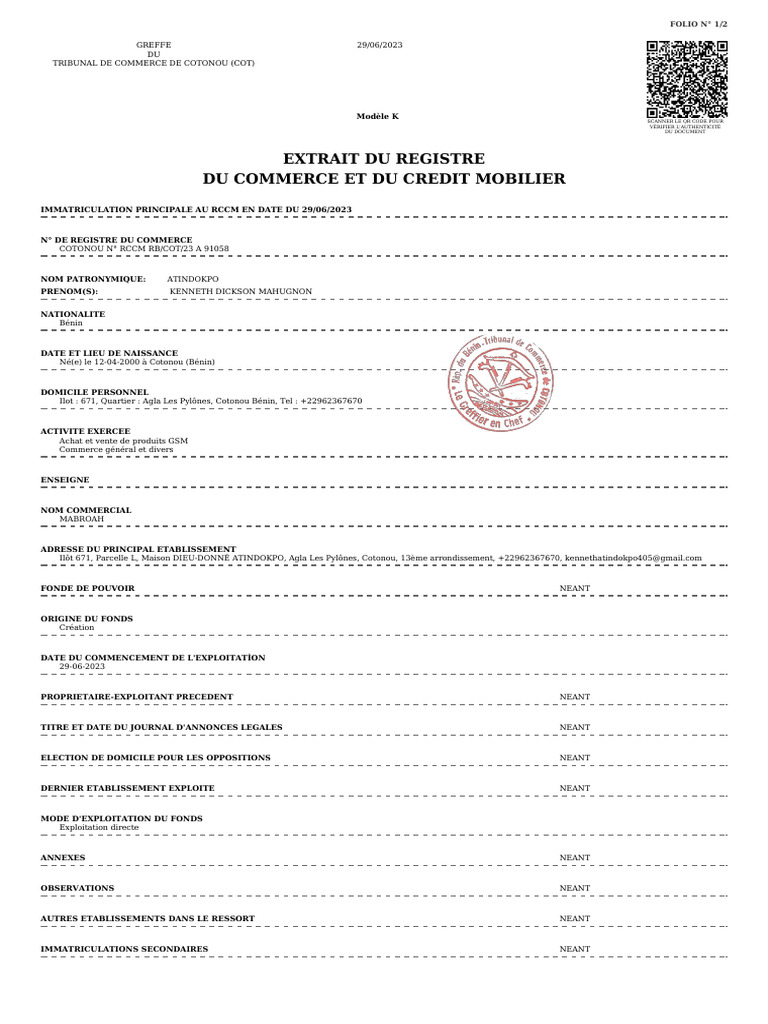 Extrait D'immatriculation RCCM | PDF