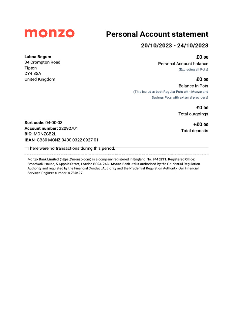 Monzo - Bank - Statement - 2023 10 20 2023 10 24 - 8947 | PDF