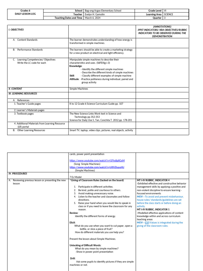 Grade 6 Science Lesson on Simple Machines | PDF | Learning | Reading ...