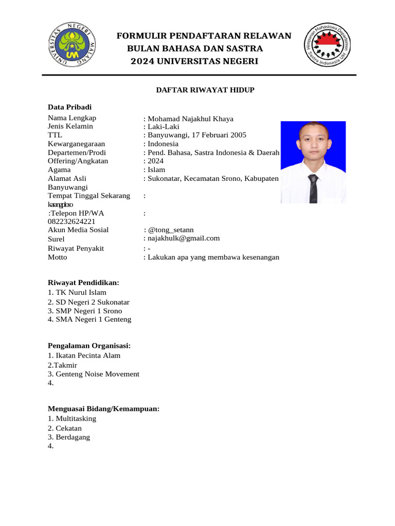 Formulir Pendaftaran Relawan BBS 1 2 | PDF