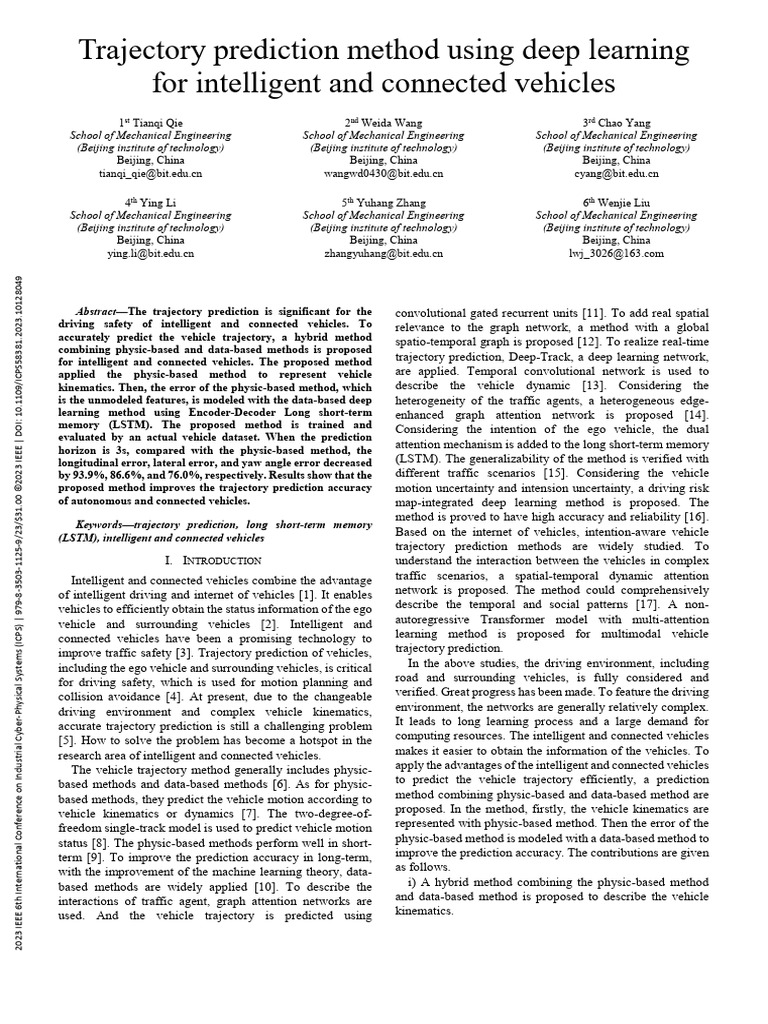 Trajectory Prediction Method Using Deep Learning For Intelligent And