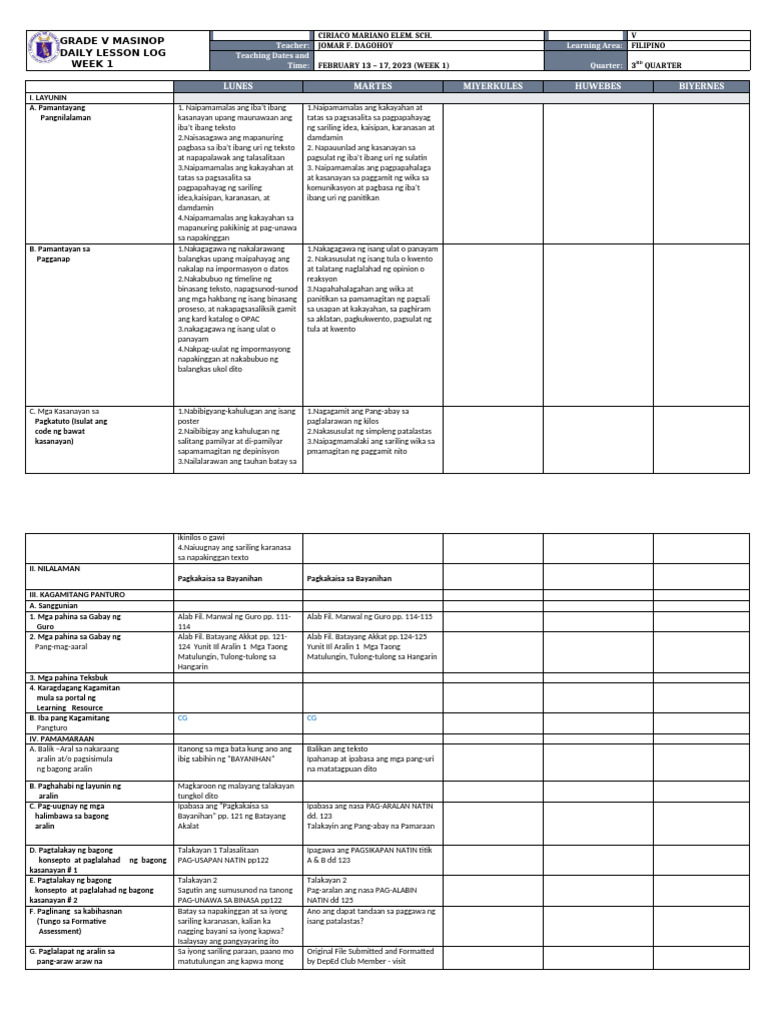 DLL - Filipino 5 - Q3 - W1 | PDF