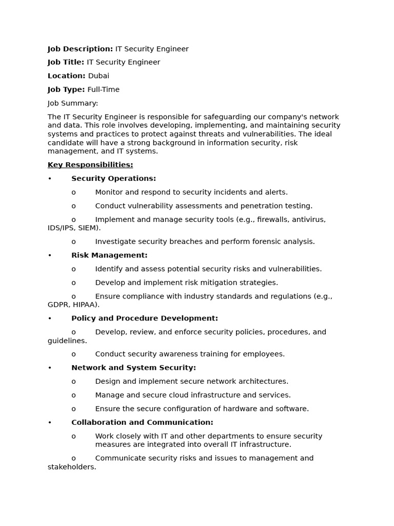 Job Description - IT Security Engineer | PDF | Computers | Security