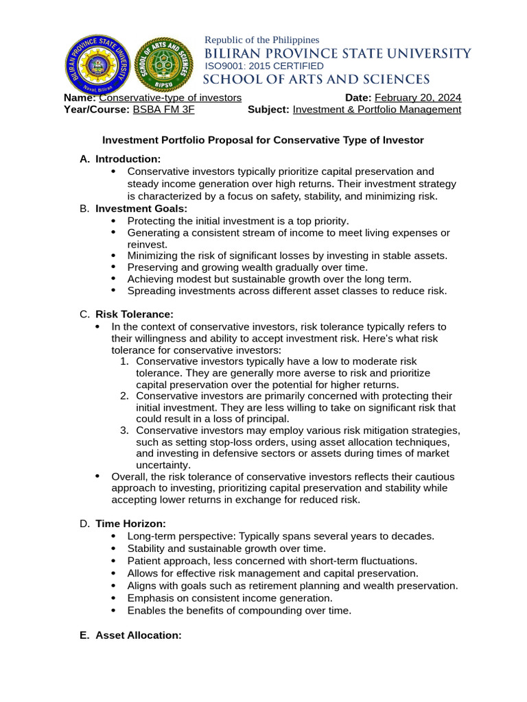 Conservative Investment Portfolio Example | PDF | Investing | Finance ...