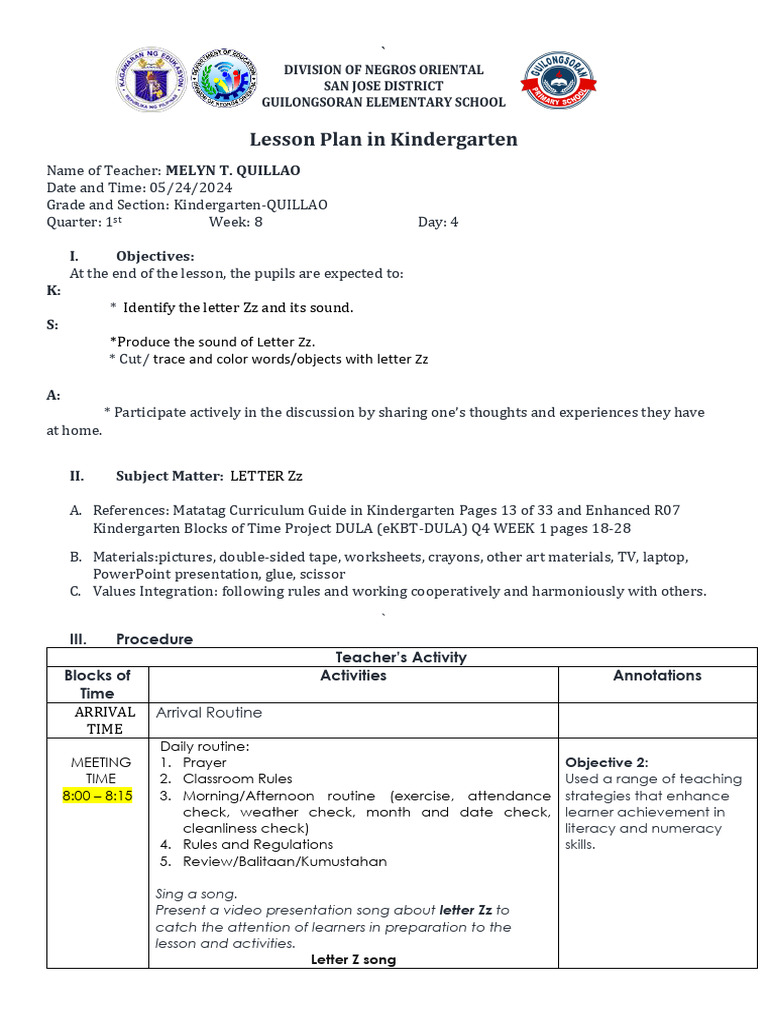 Kindergarten Lesson Plan | PDF