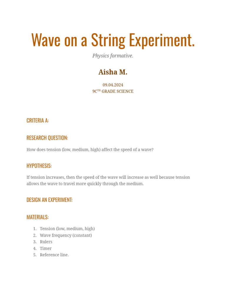 Wave On A String Experiment. Aisha M., Physics Formative 9C | PDF