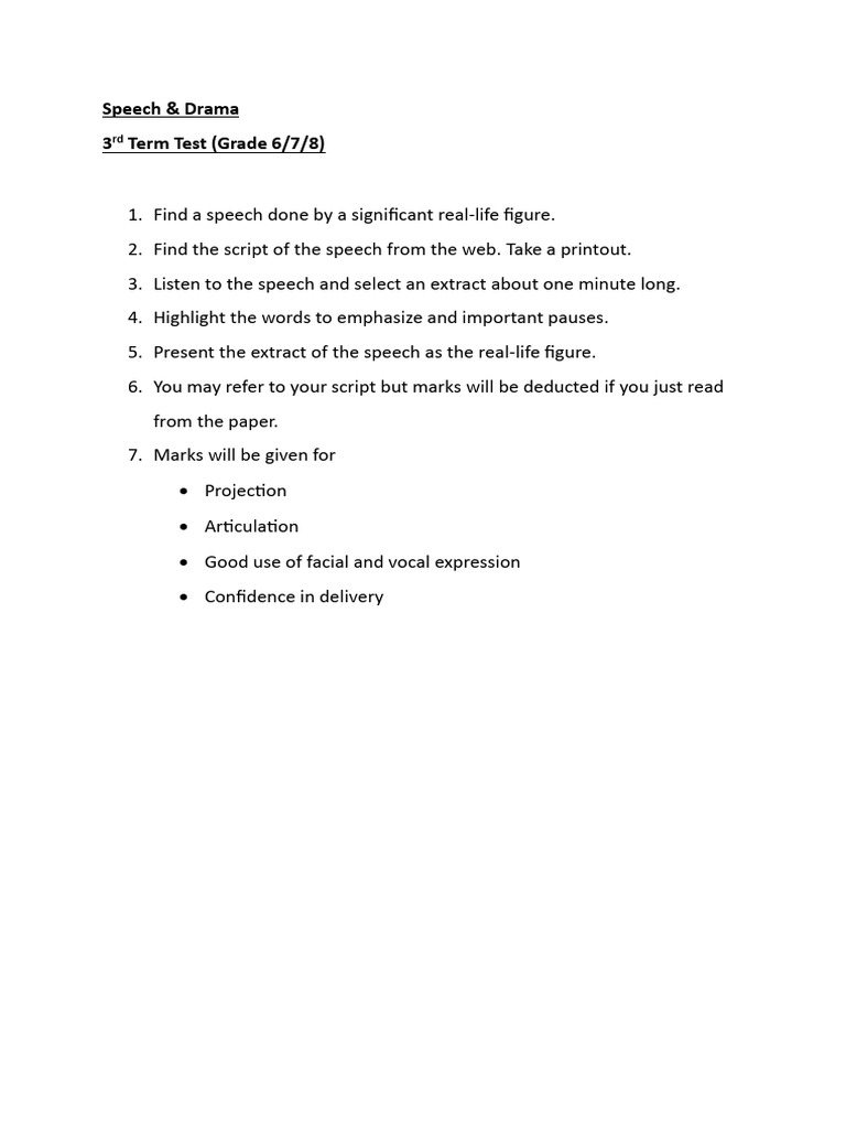 Speech & Drama - 3rd Term Test | PDF