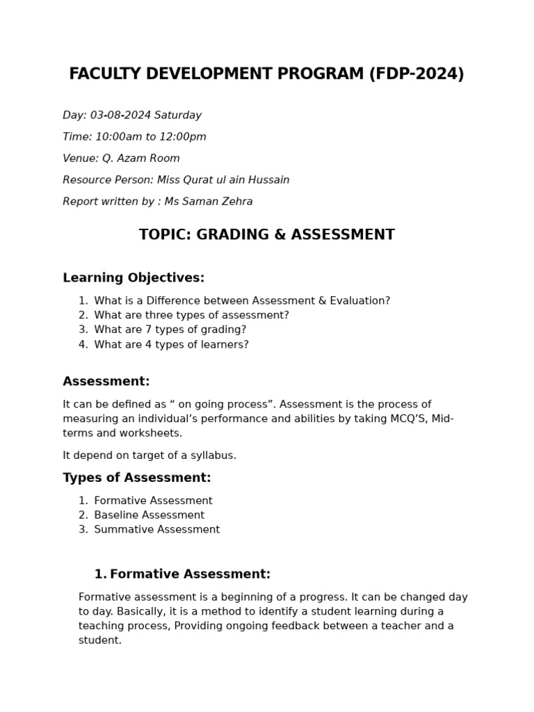 Faculty Development Program (Fdp-2024) : Topic: Grading & Assessment | PDF
