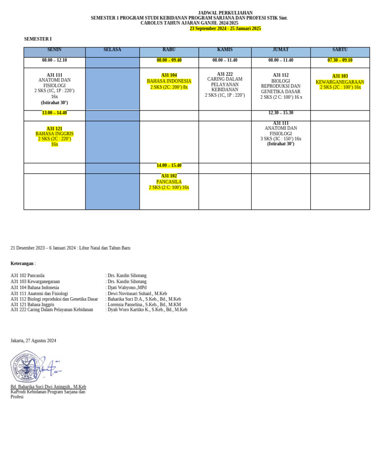 Jadwal Kuliah Semester I Ta Ganjil 2024 2025 Prodi Kebidanan Program Sarjana Dan Profesi | PDF
