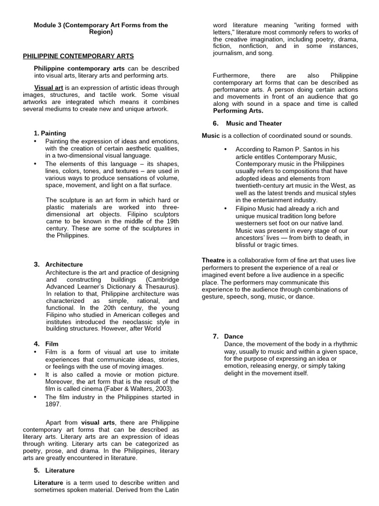 Q1 Module 3 Contemporary Art Forms From The Regions 1 | PDF | The Arts ...
