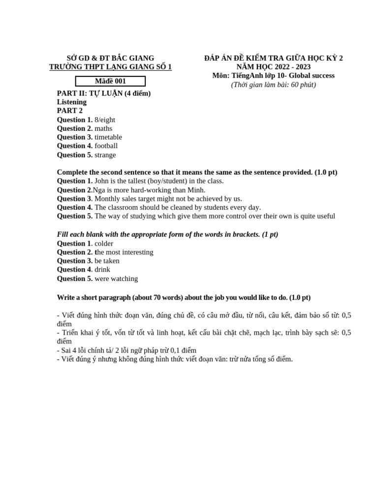 (LẺ) ĐÁP ÁN PHẦN TỰ LUẬN ĐỀ GIỮ HKI ANH 10- GLOBAL SUCCESS | PDF