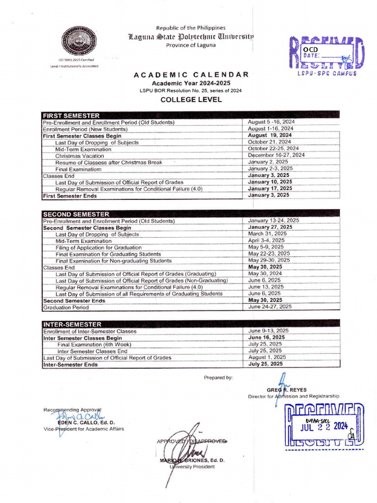 LSPU Academic Calendar 2024 2025 | PDF