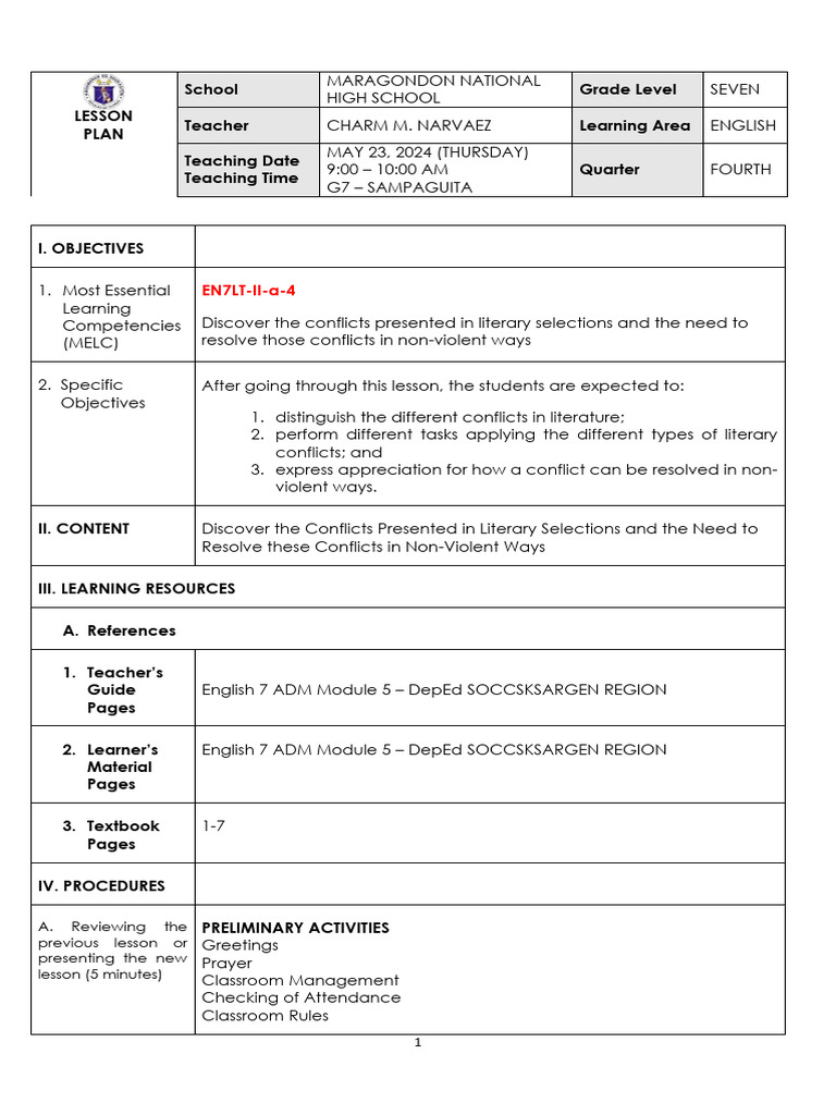 EN7LT-II-a-4: School Grade Level Lesson Plan Teacher Learning Area ...