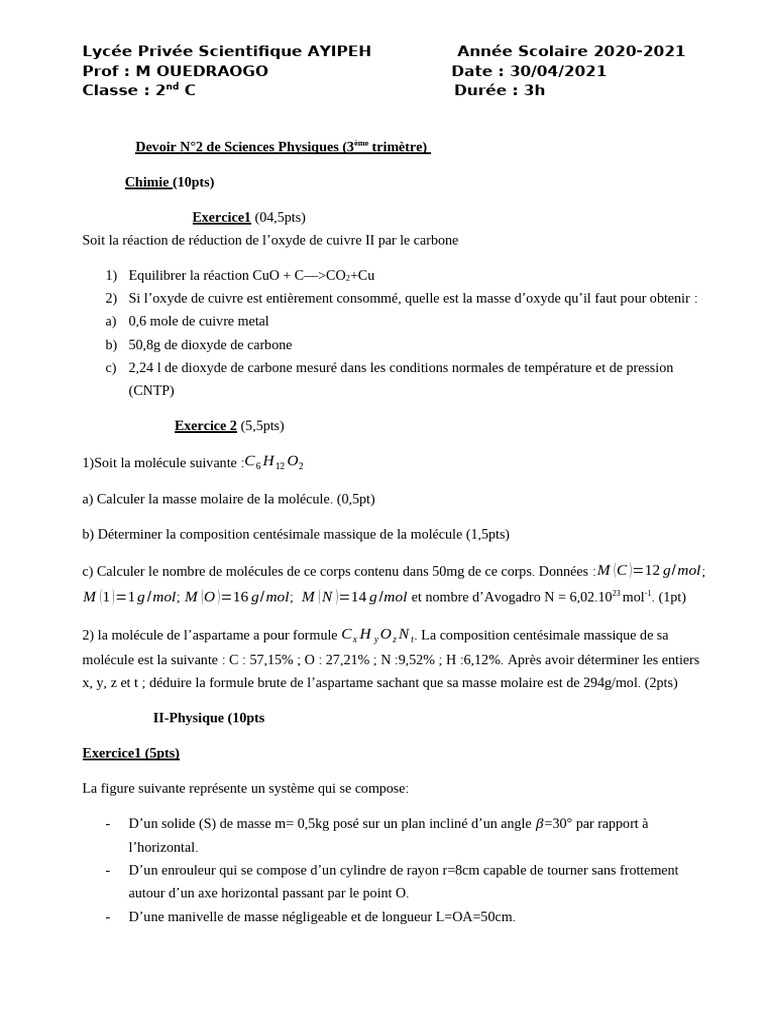 Devoir N°2 de Sciences Physiques (3 Trimètre) Chimie (10pts) Exercice1 | PDF