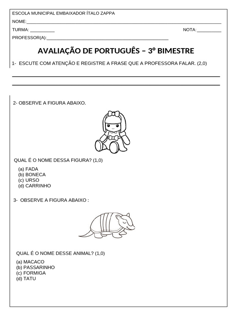 AVALIAÇAO DE PORTUGUES - 3 BIMESTRE | PDF