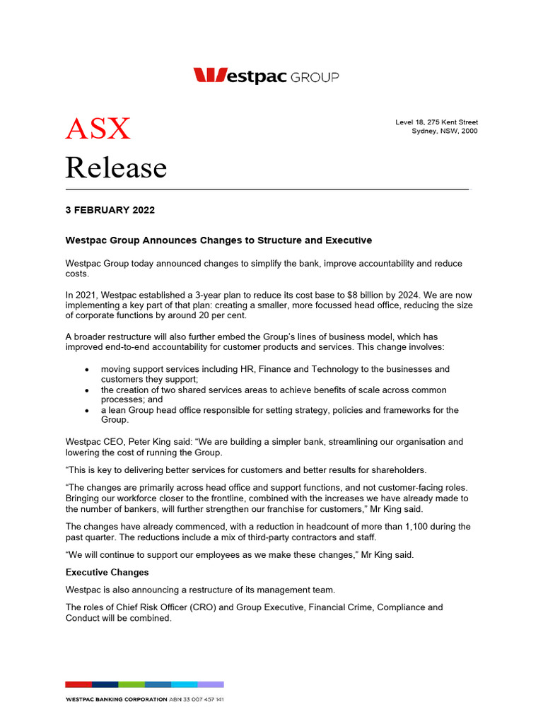 WBC Structure Exec Changes Asx Release | PDF | Wells Fargo | Business