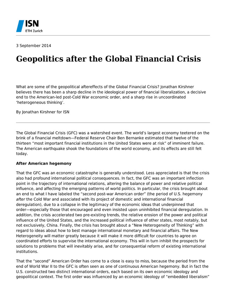 Geopolitics After The Global Financial Crisis | PDF