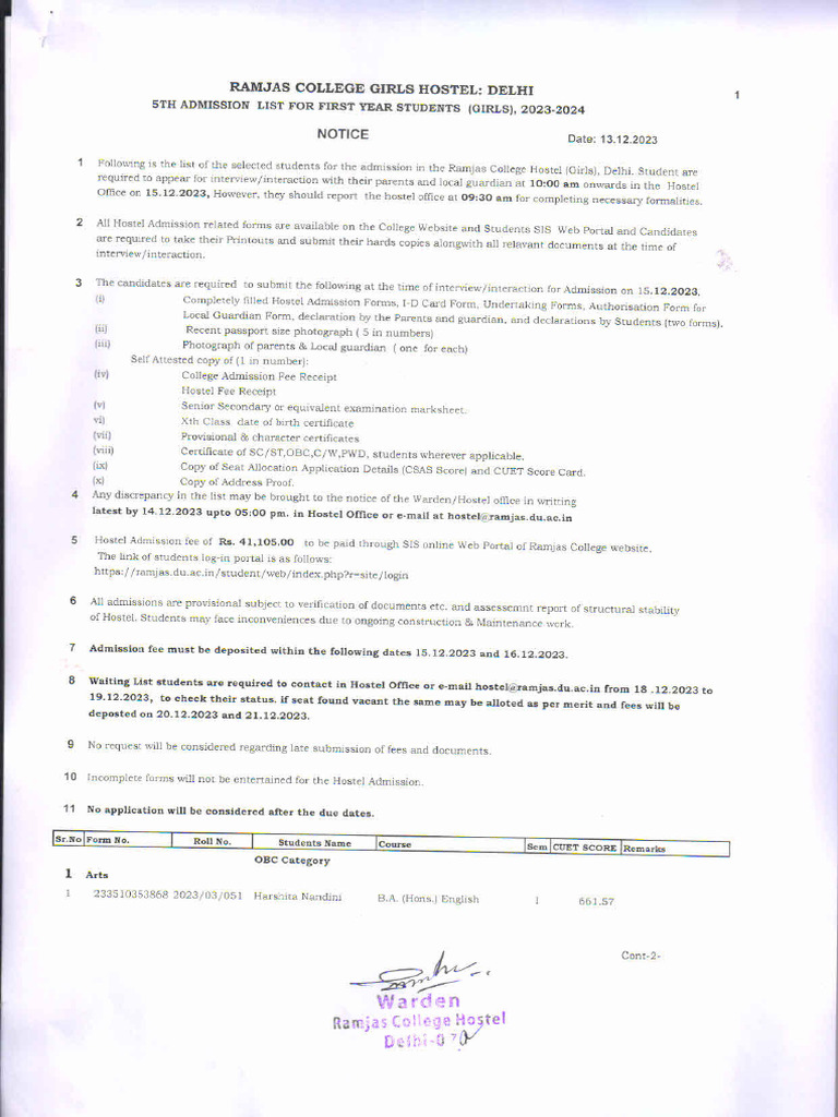 Hostel Admission List For 1st and 2nd Year Girls Hostel 2023 24 | PDF