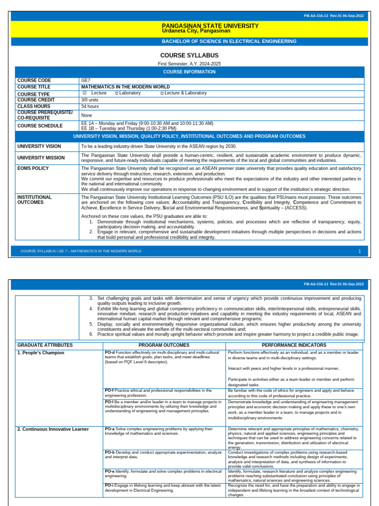 GE 7: Mathematics in the Modern World Syllabus | PDF | Engineering ...
