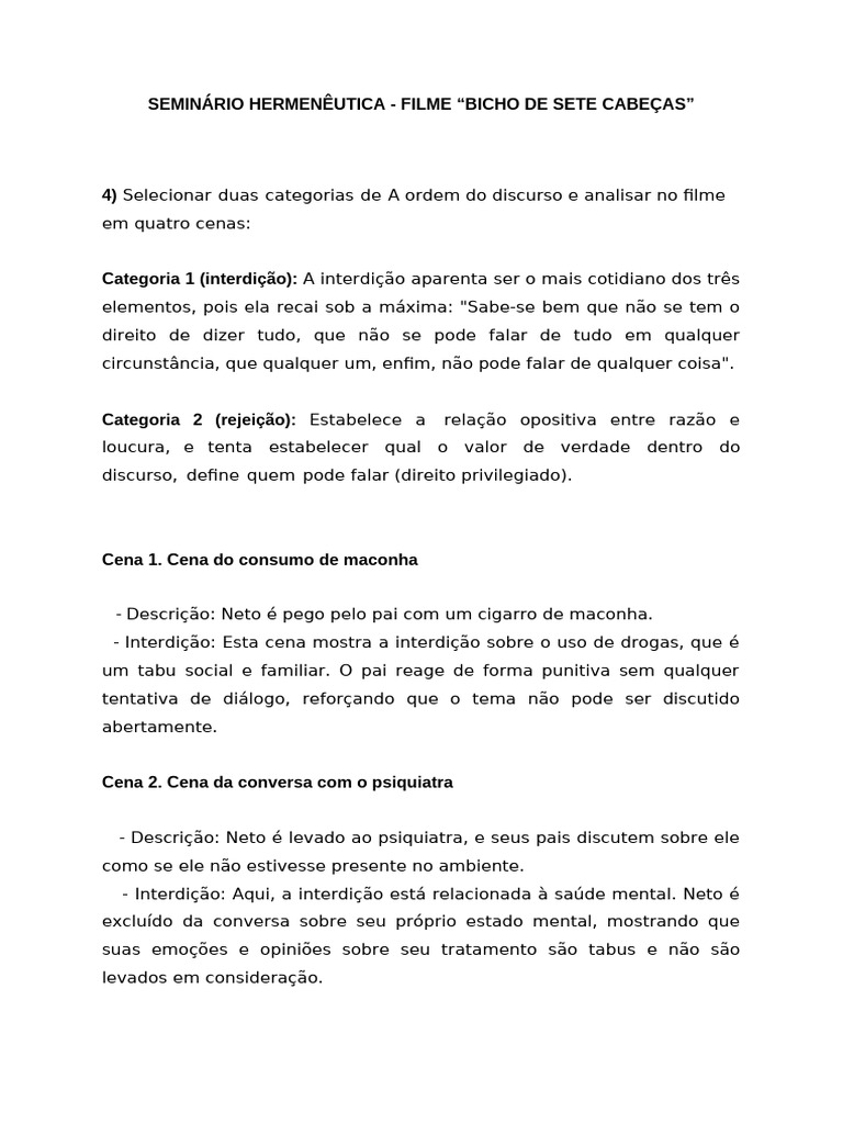 Seminário Hermenêutica - Filme "Bicho de Sete Cabeças" | PDF