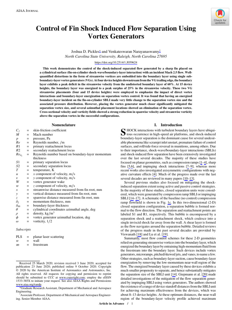 Control of Fin Shock Induced Flow Separation Using Vortex Generators | PDF