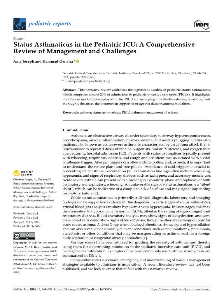 Estado Asmatico en La Uci Ped - Revision de Manejo y Desafios | PDF