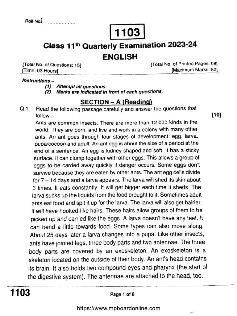 Mp Board Class 11 Qtr English 1103 2024 | PDF