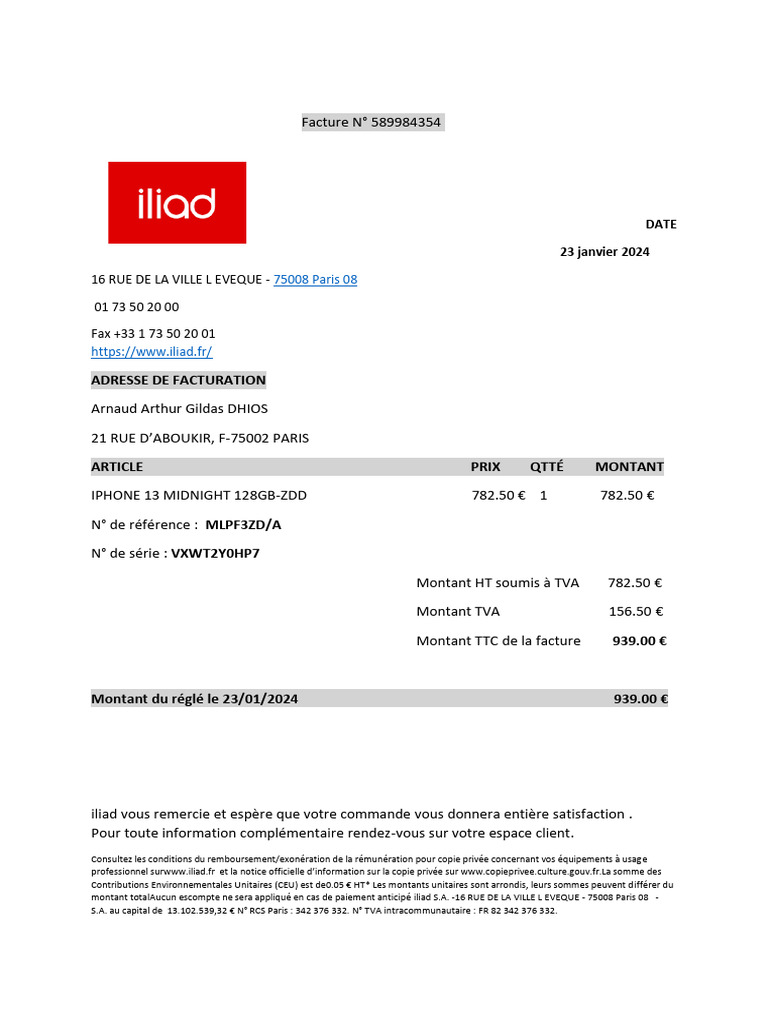 Facture Iphone 11 | PDF