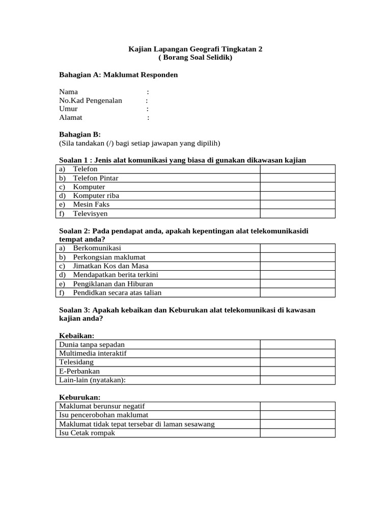 Soal Selidik-Kajian Lapangan Geografi Tingkatan 2 | PDF