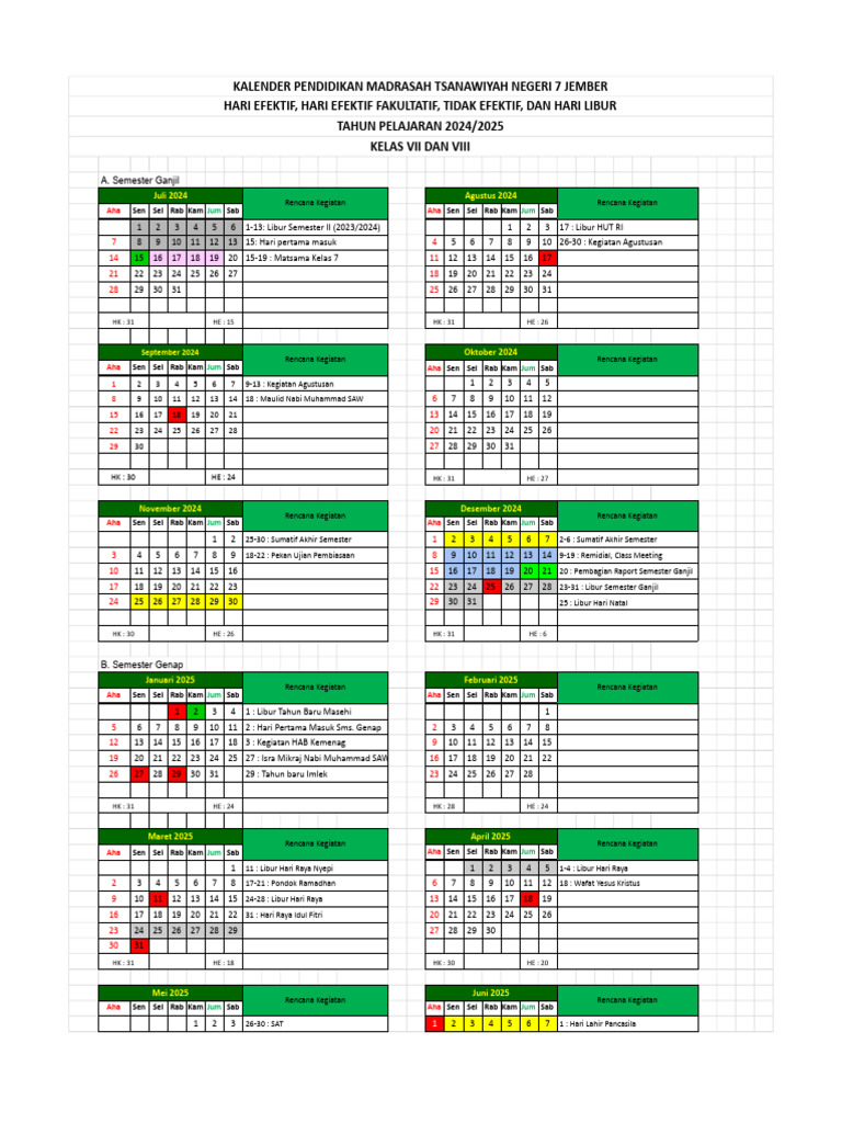 Kaldik MTSN 7 Jember - Tapel 2024-2025 | PDF