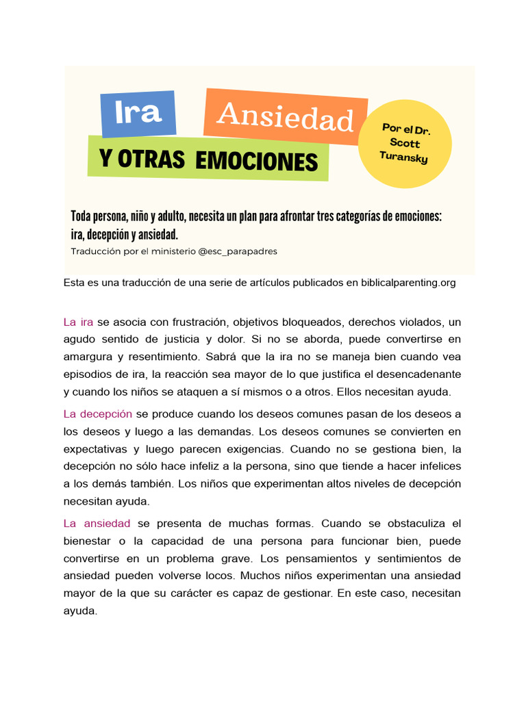 Ira, Ansiedad y Otras Emociones - Scott Turansky | PDF