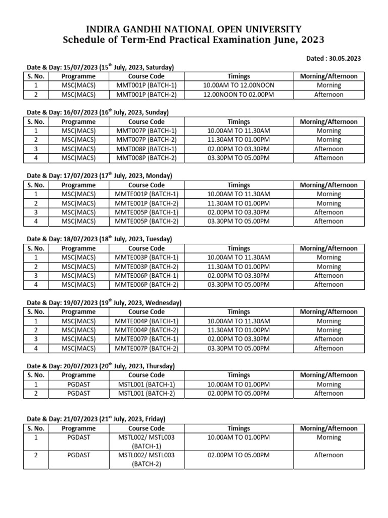Date Sheet of Practical Examination For JUNE 2023 | PDF