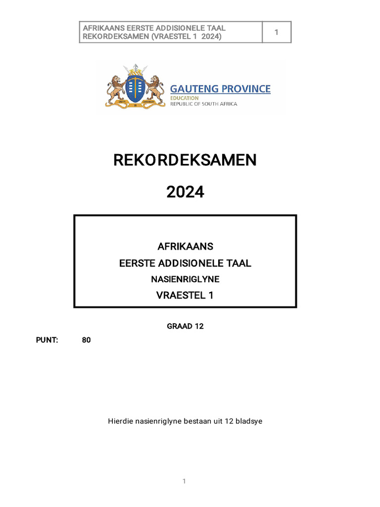 Afrikaans P2 Gauteng 2024 Memo Preliminary Examination | PDF