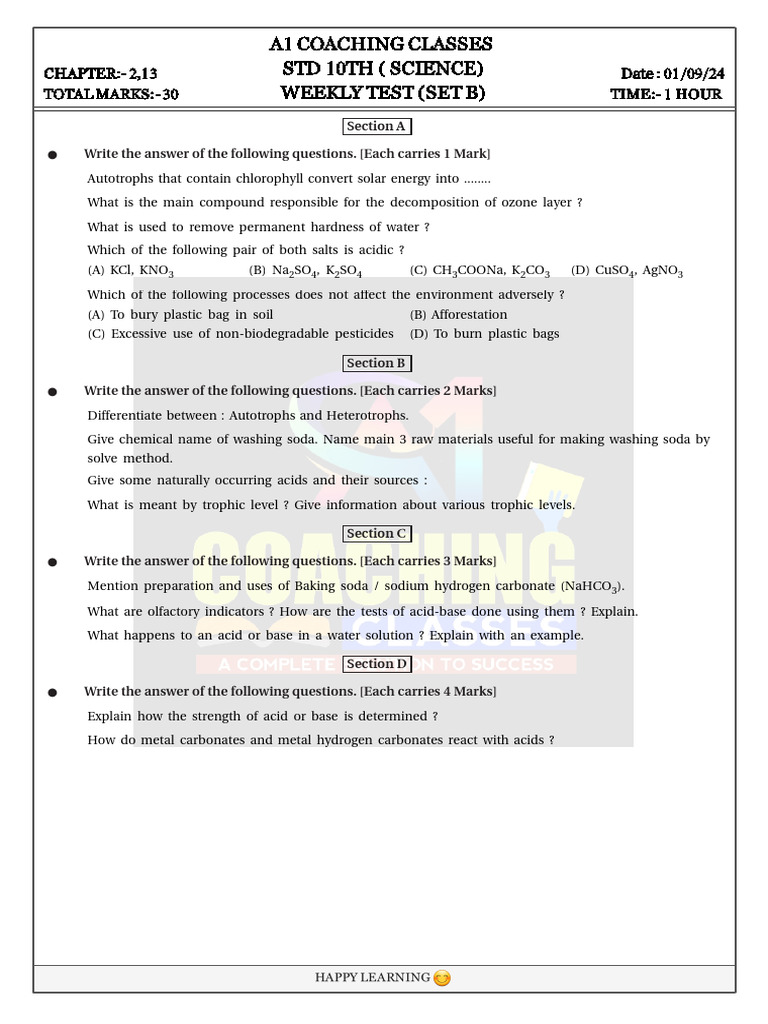 Std 10 Science Weekly Test Set B | PDF | Sodium Carbonate | Science ...
