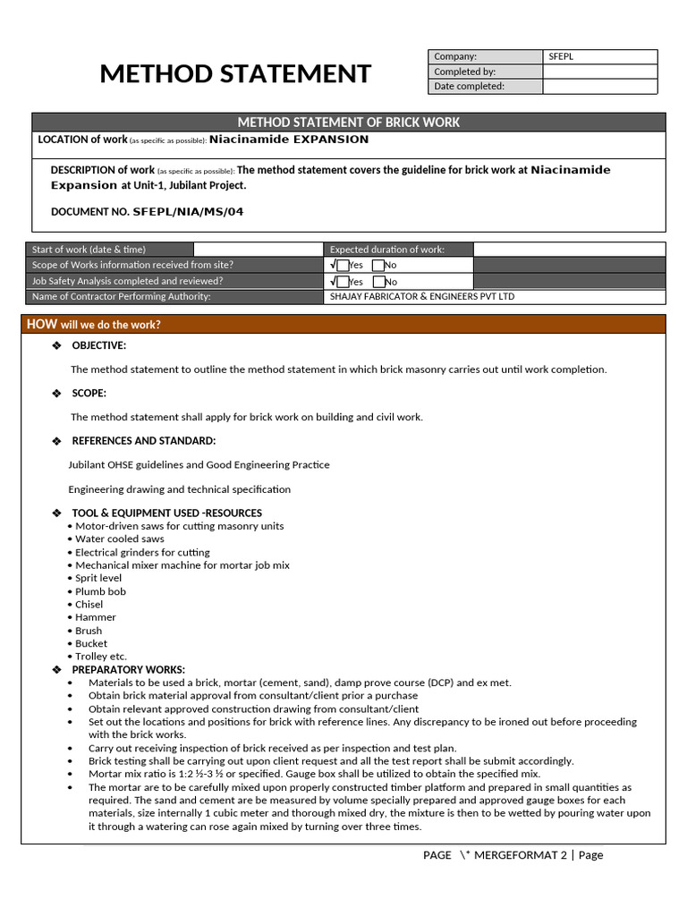 Brick Work Method Statement | PDF | Brick | Technology & Engineering