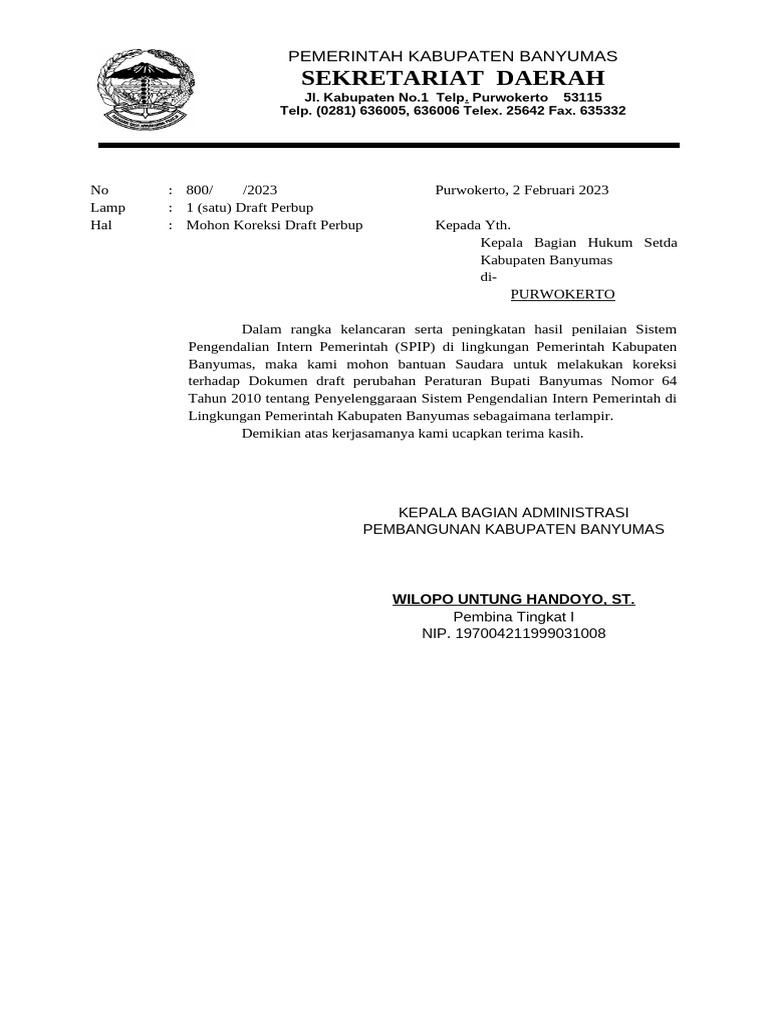 Surat Permohonan Koreksi Perbup SPIP | PDF